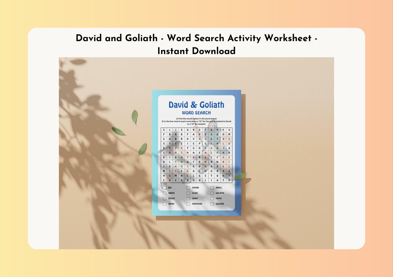 David and Goliath Word Search & Matching Activity Worksheet | 1 Samuel ...