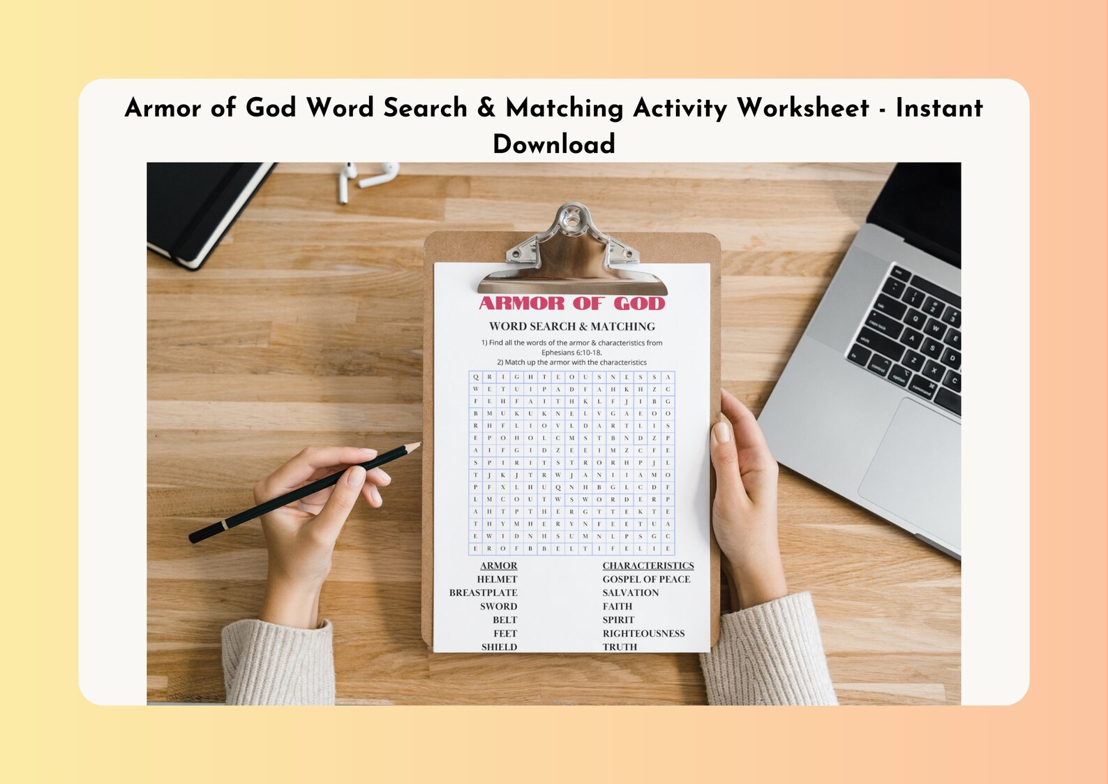 Armor of God Word Search & Matching Activity Worksheet | Ephesians 6:10 ...