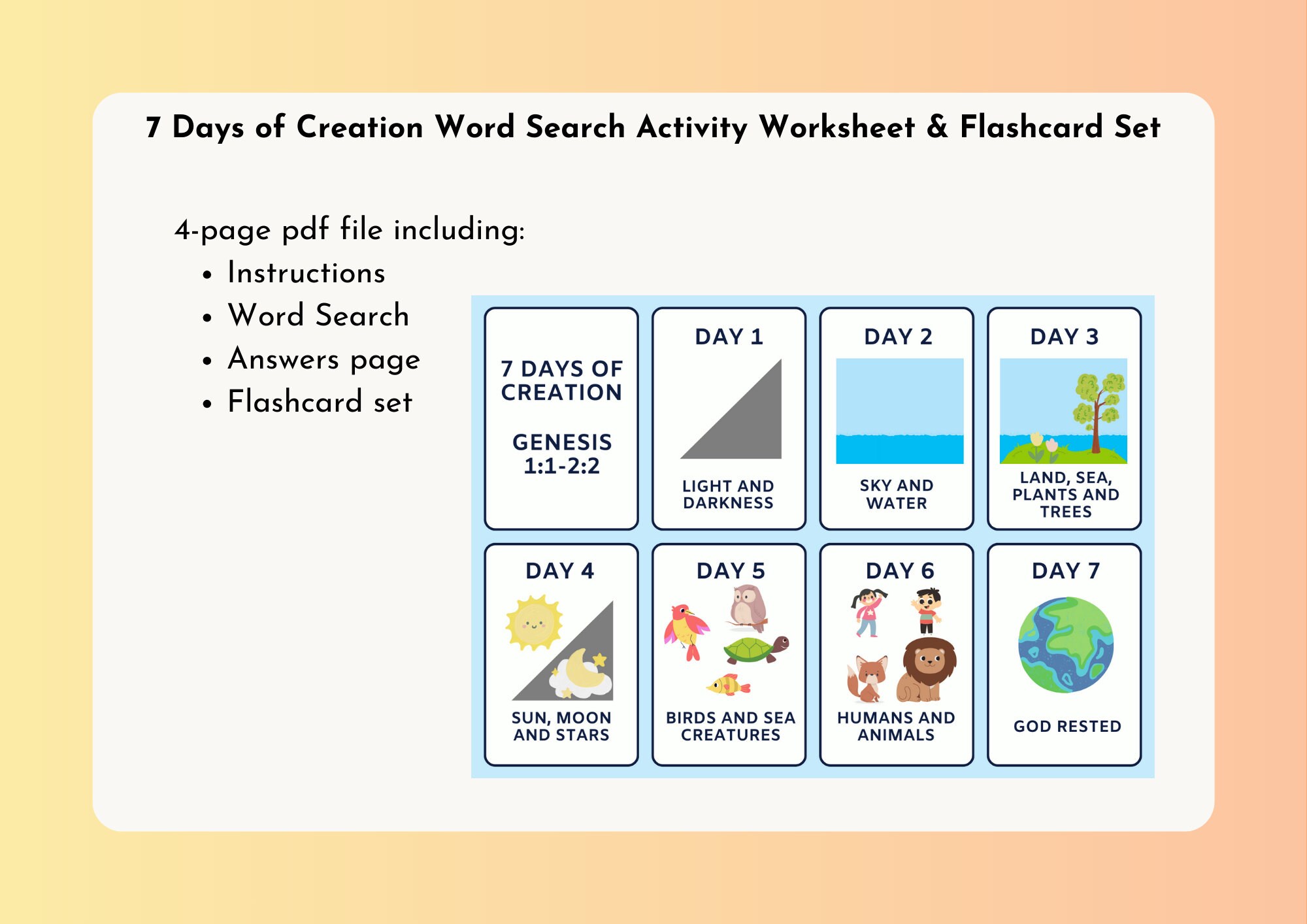 7 Days of Creation Flashcards & Word Search Activity Worksheet Genesis ...