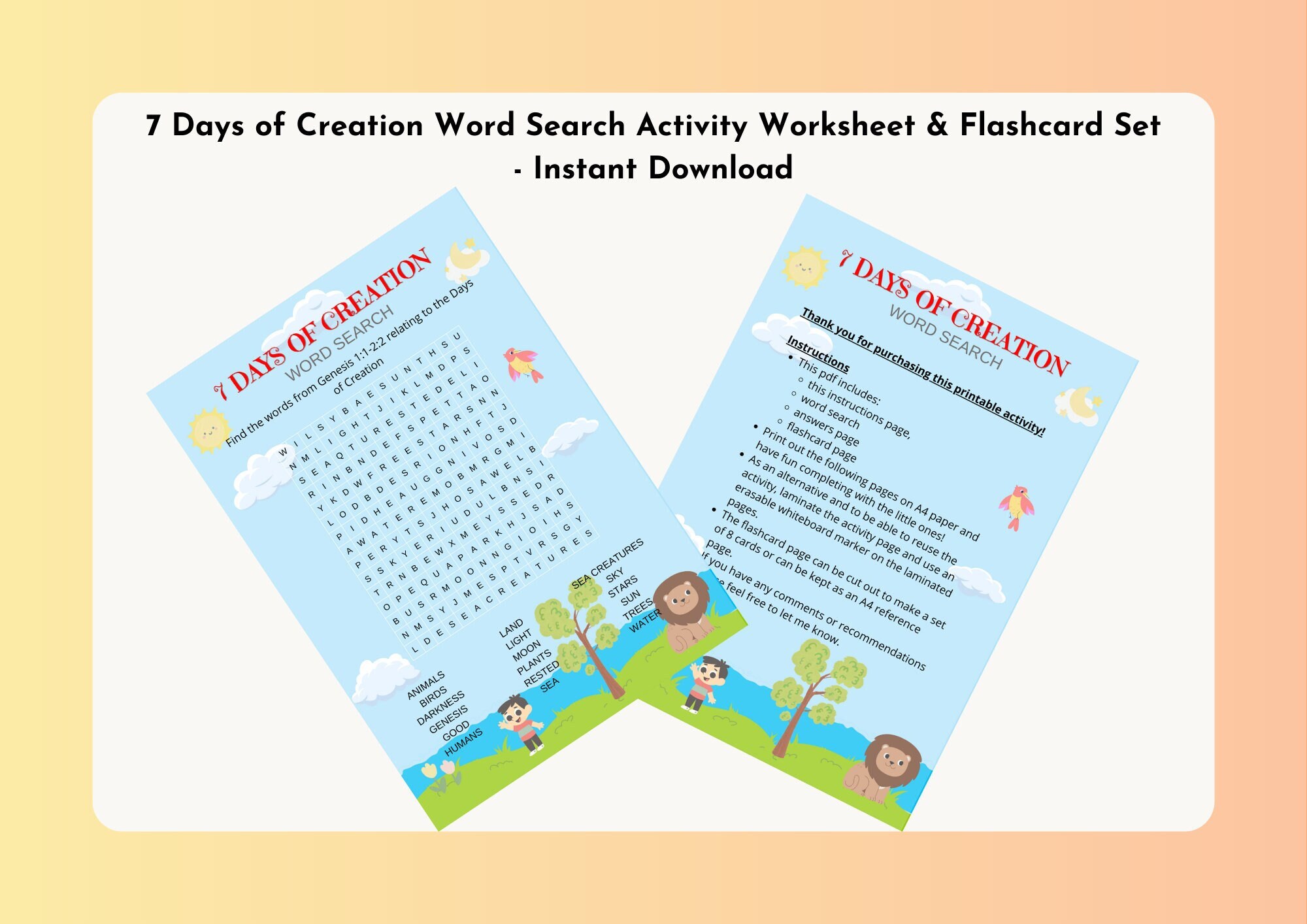 7 Days of Creation Flashcards & Word Search Activity Worksheet Genesis ...
