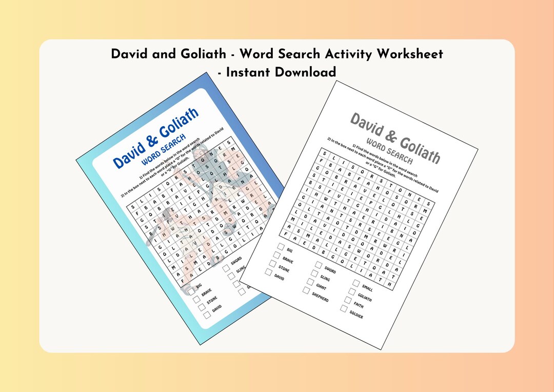 David and Goliath Word Search & Matching Activity Worksheet | 1 Samuel ...