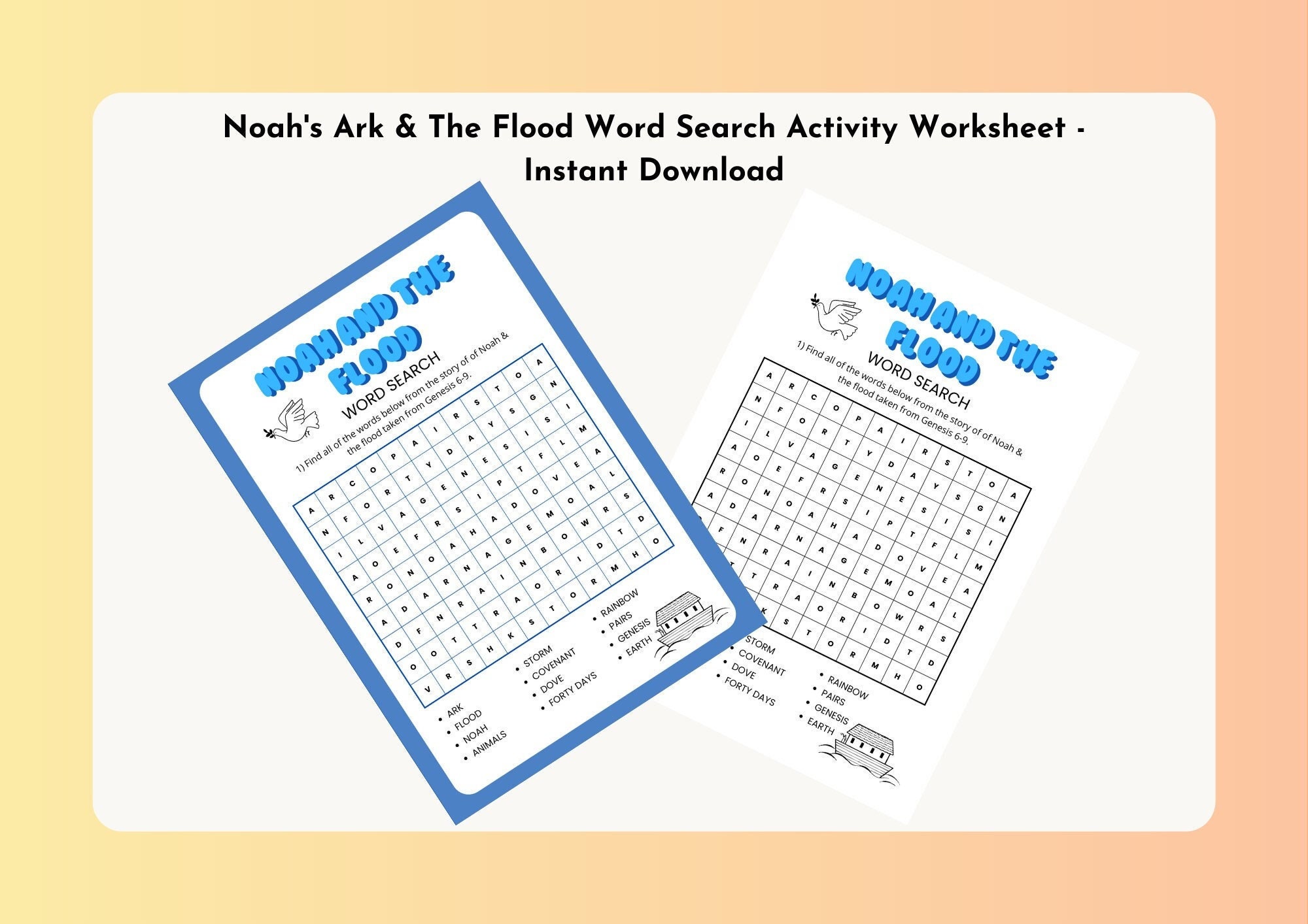Noah's Ark and the Flood Word Search Activity Worksheet Genesis 6-9 ...
