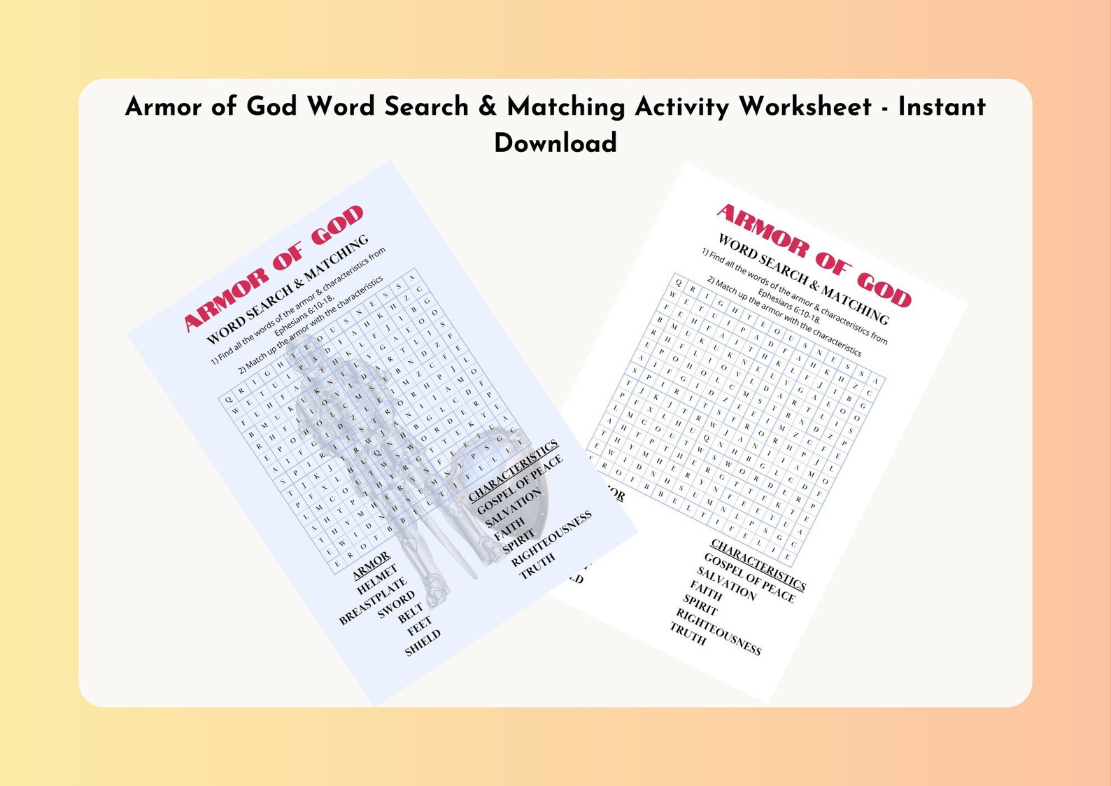 Armor of God Word Search & Matching Activity Worksheet | Ephesians 6:10 ...