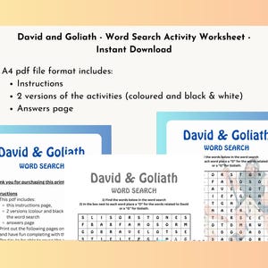David and Goliath Word Search & Matching Activity Worksheet | 1 Samuel ...