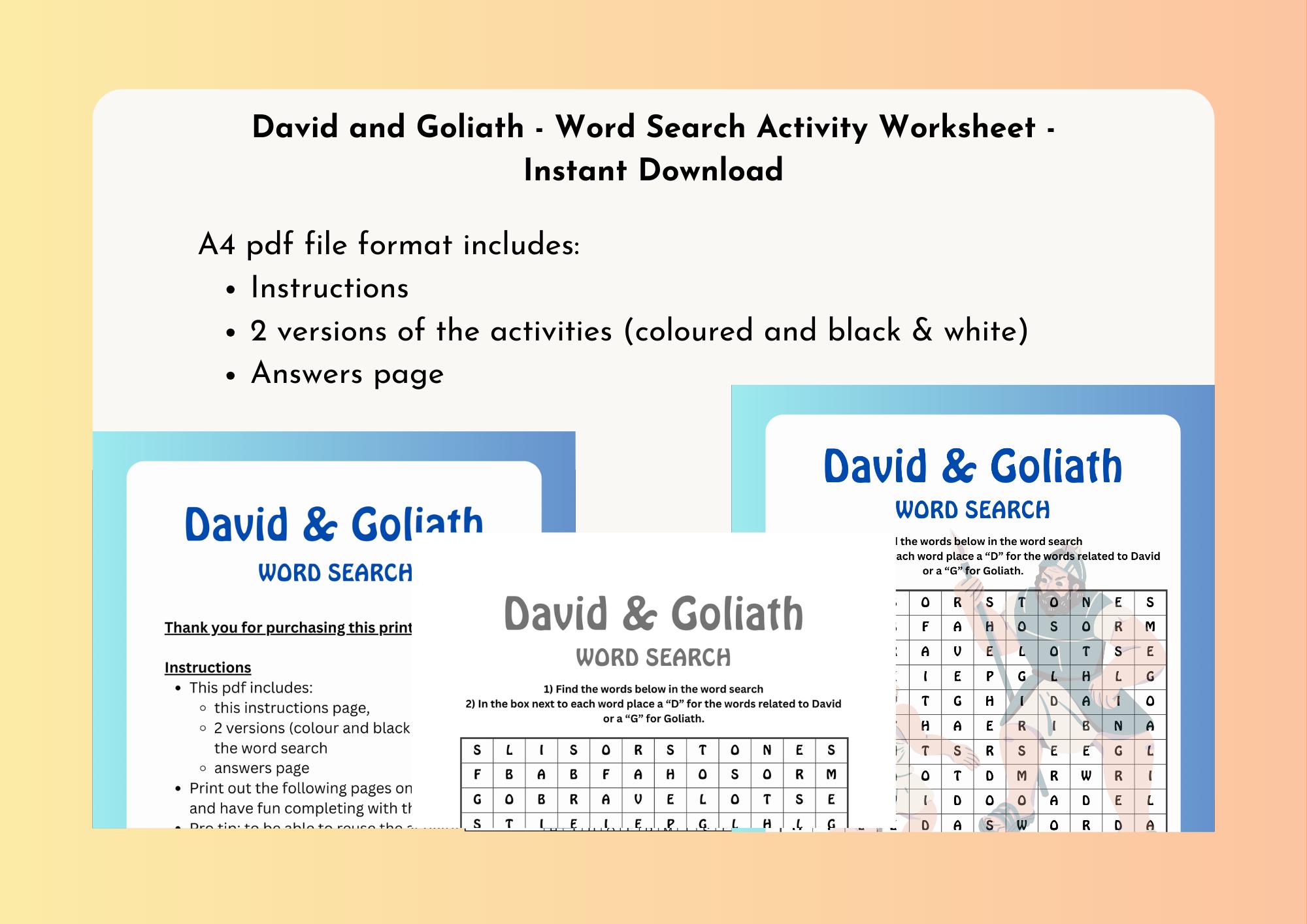 David and Goliath Word Search & Matching Activity Worksheet | 1 Samuel ...