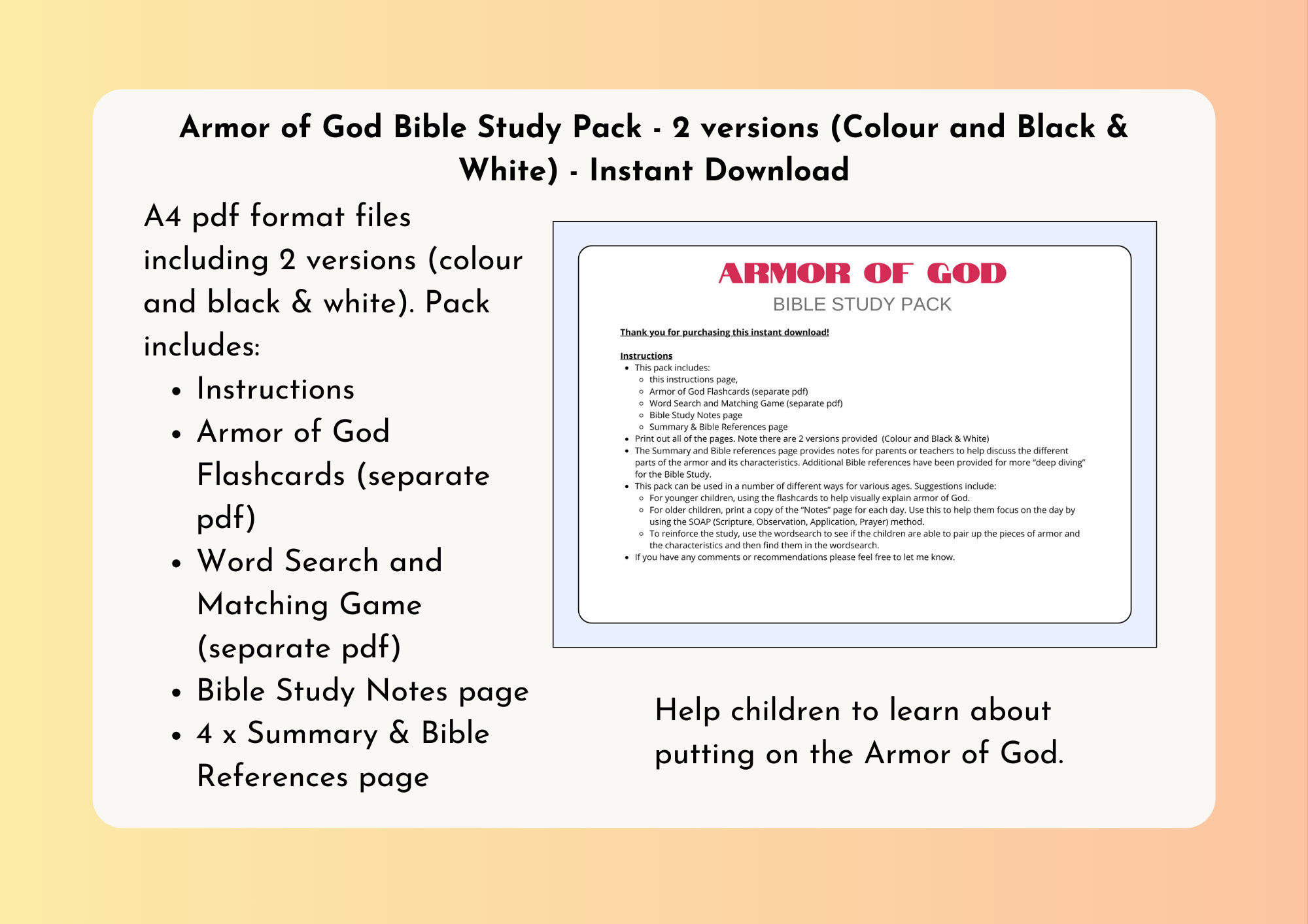 Armor of God Word Bible Study Pack | Ephesians 6:10-18 | Christian Kids ...