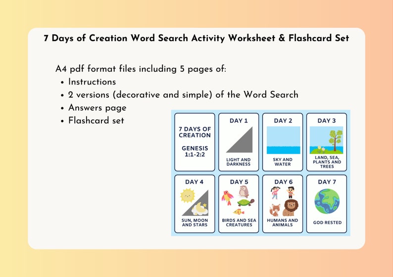 7 Days of Creation Flashcards & Word Search Activity Worksheet ...