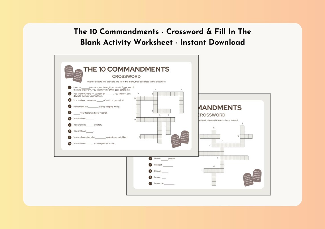 The 10 Commandments Crossword & Fill-in-the-blank Activity Worksheet ...