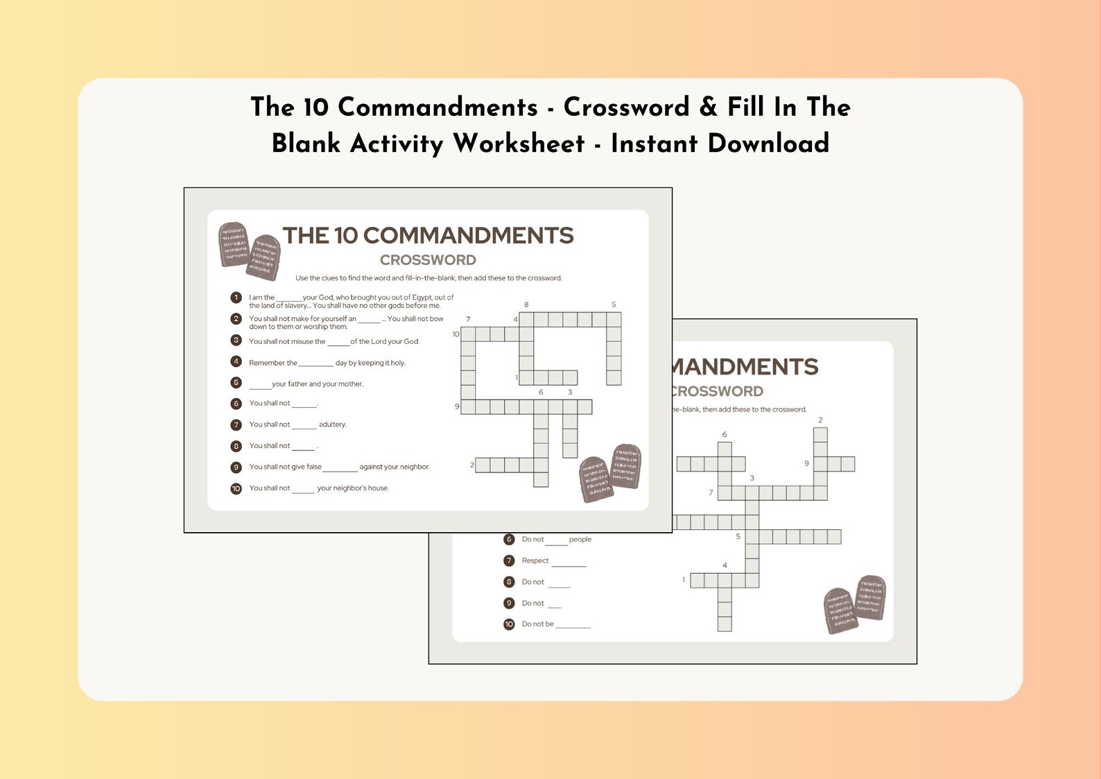 The 10 Commandments Crossword & Fill-in-the-blank Activity Worksheet ...