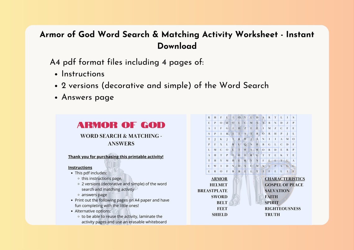 Armor of God Word Search & Matching Activity Worksheet | Ephesians 6:10 ...
