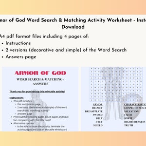 Armor of God Word Search & Matching Activity Worksheet | Ephesians 6:10 ...