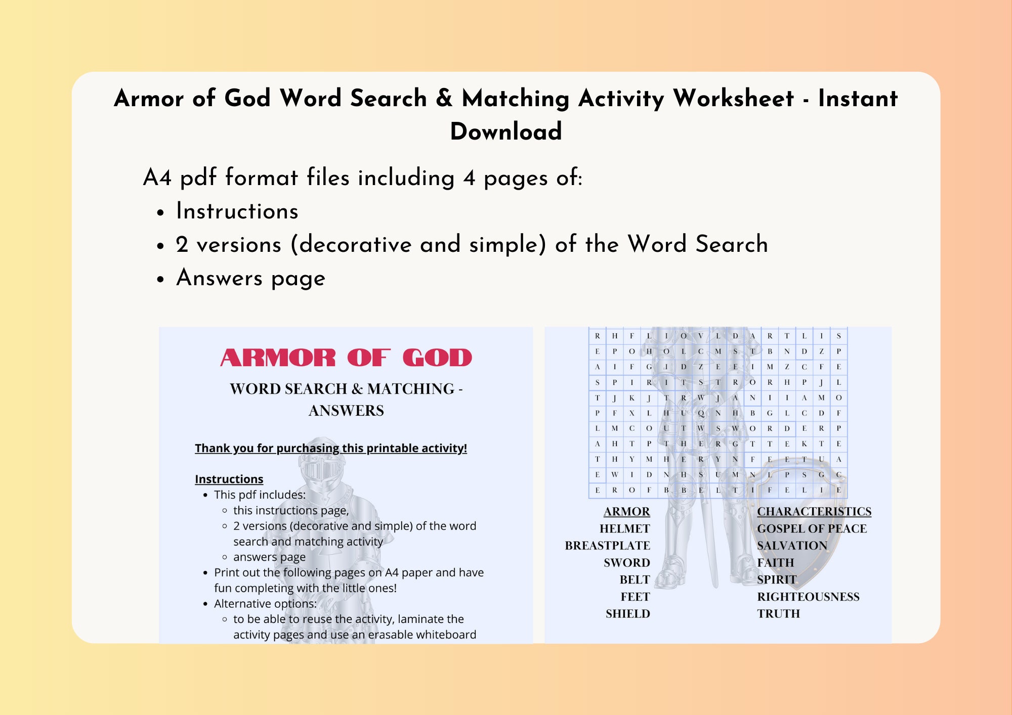 Armor of God Word Search & Matching Activity Worksheet | Ephesians 6:10 ...