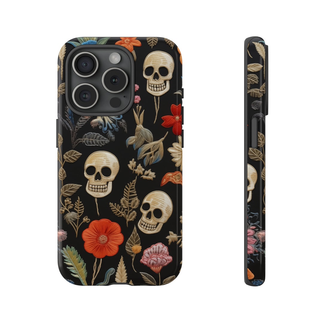 Vintage Skeletons Floral Phone Case Cute Skeletons Faux Embroidered ...