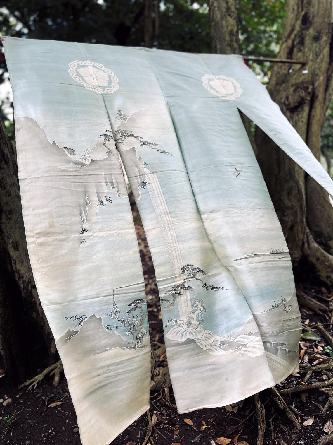 Japanese Vintage Silk Habutae Noren Shop Curtain With a Landscape ...
