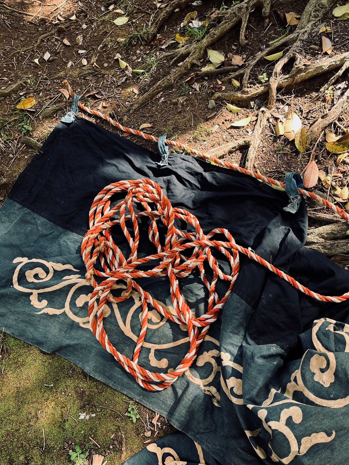 Japanese Vintage Indigo and Persimmon Dyed Cotton Long Curtain Cloth ...