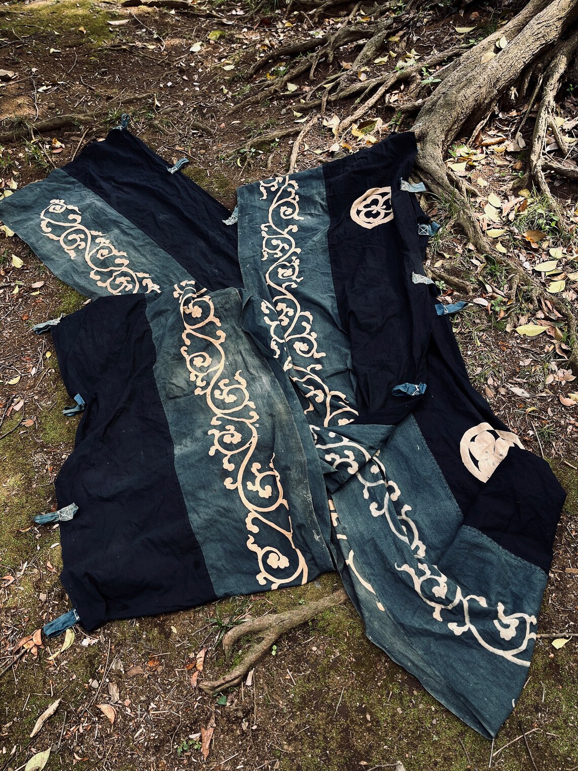 Japanese Vintage Indigo and Persimmon Dyed Cotton Long Curtain Cloth ...