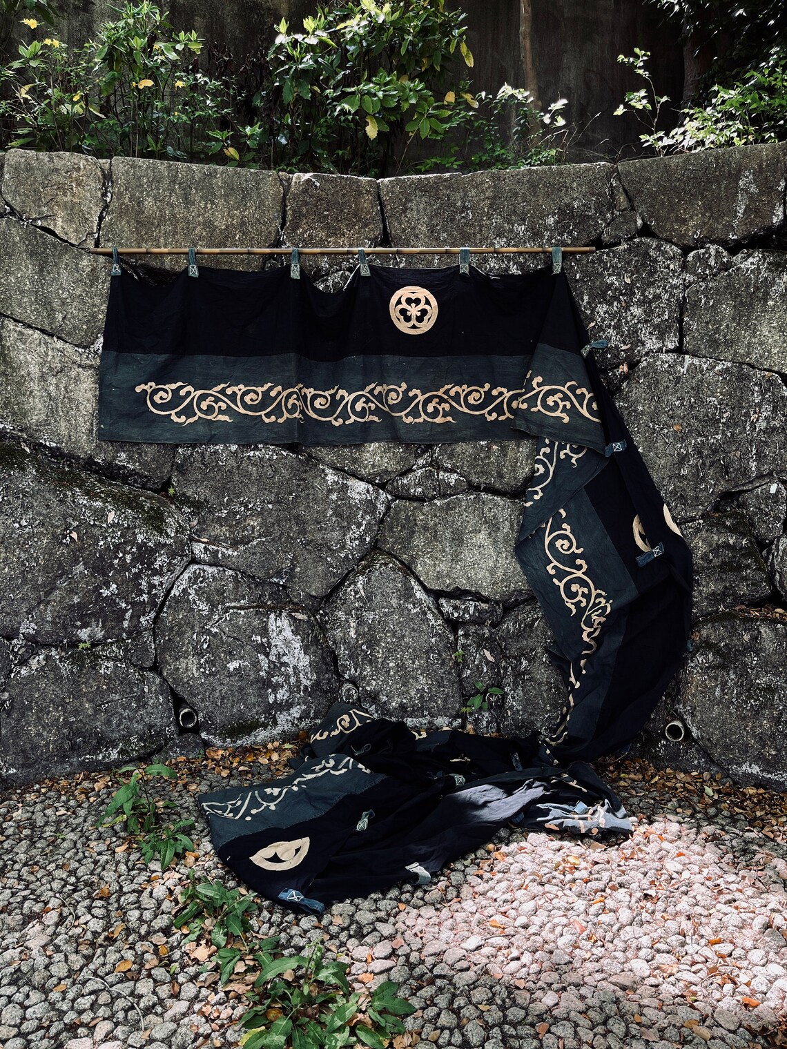 Japanese Vintage Indigo and Persimmon Dyed Cotton Long Curtain Cloth ...