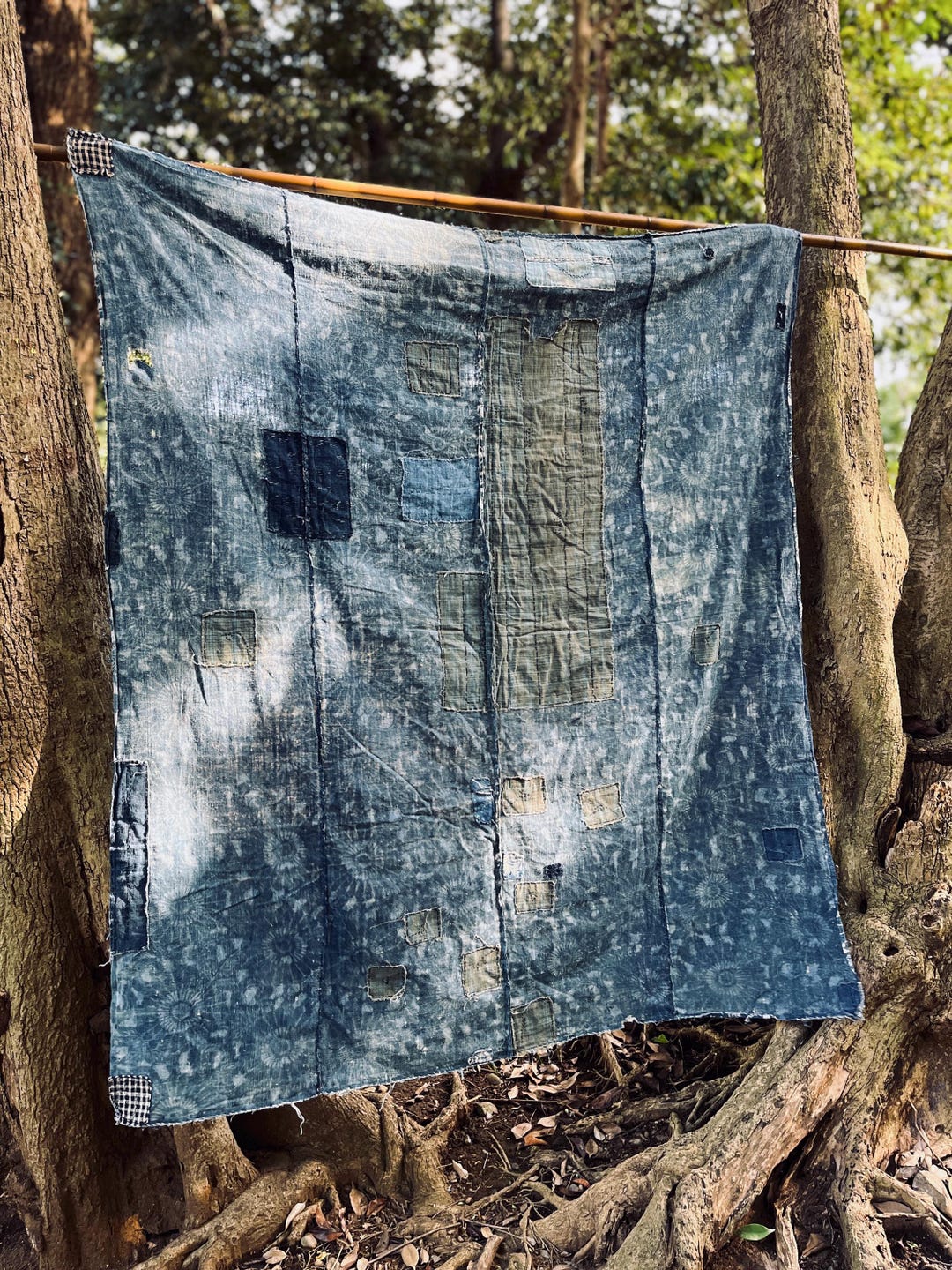 Japanese Vintage Katazome Stencil Indigo Dyed Cotton Fabric Fragment With a Chrysanthemum ...