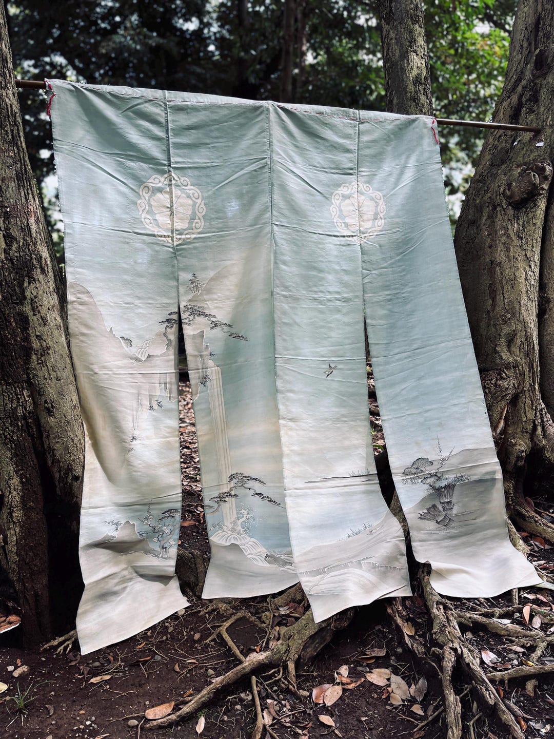 Japanese Vintage Silk Habutae Noren Shop Curtain With a Landscape ...