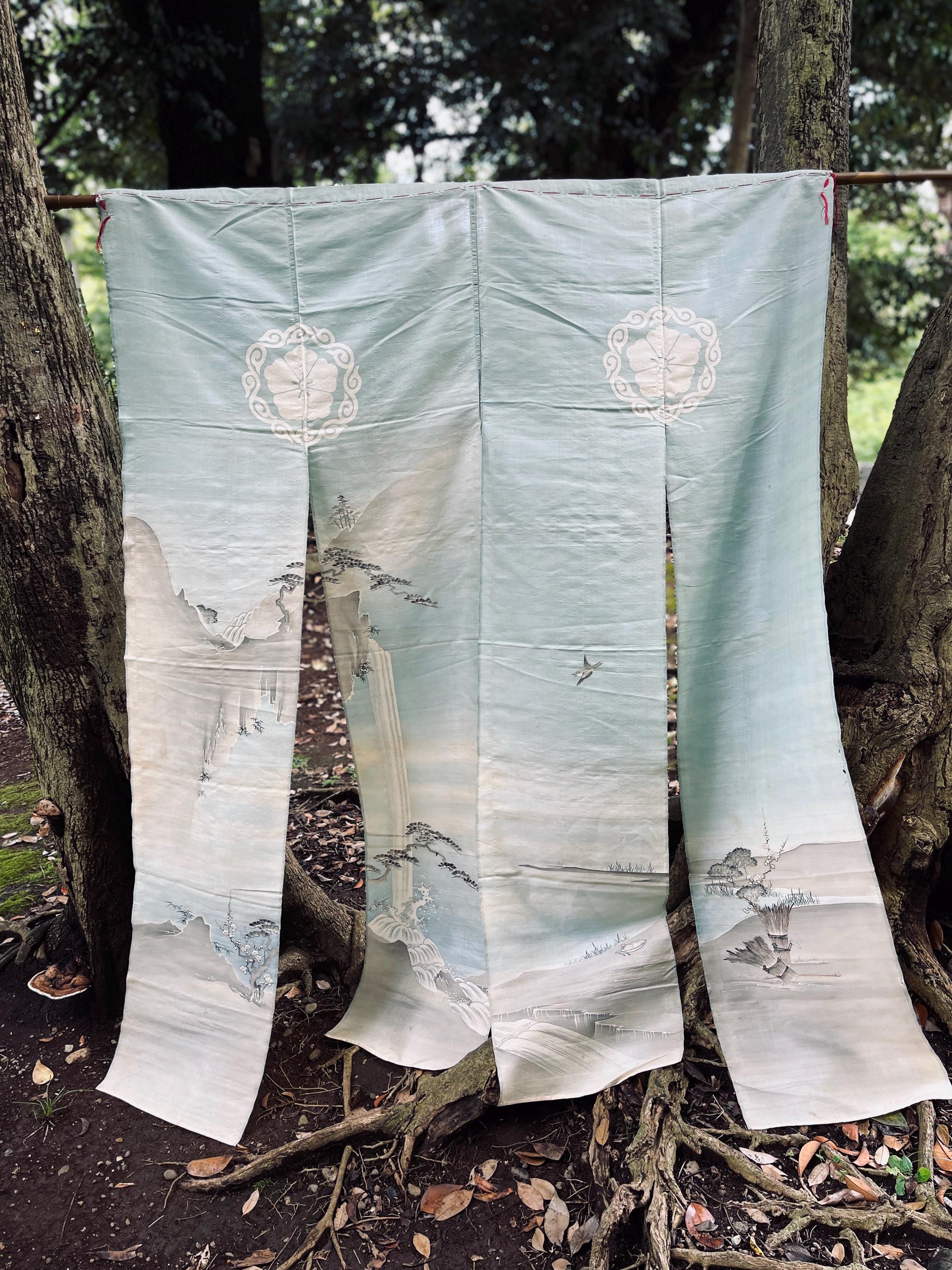 Japanese Vintage Silk Habutae Noren Shop Curtain With a Landscape ...