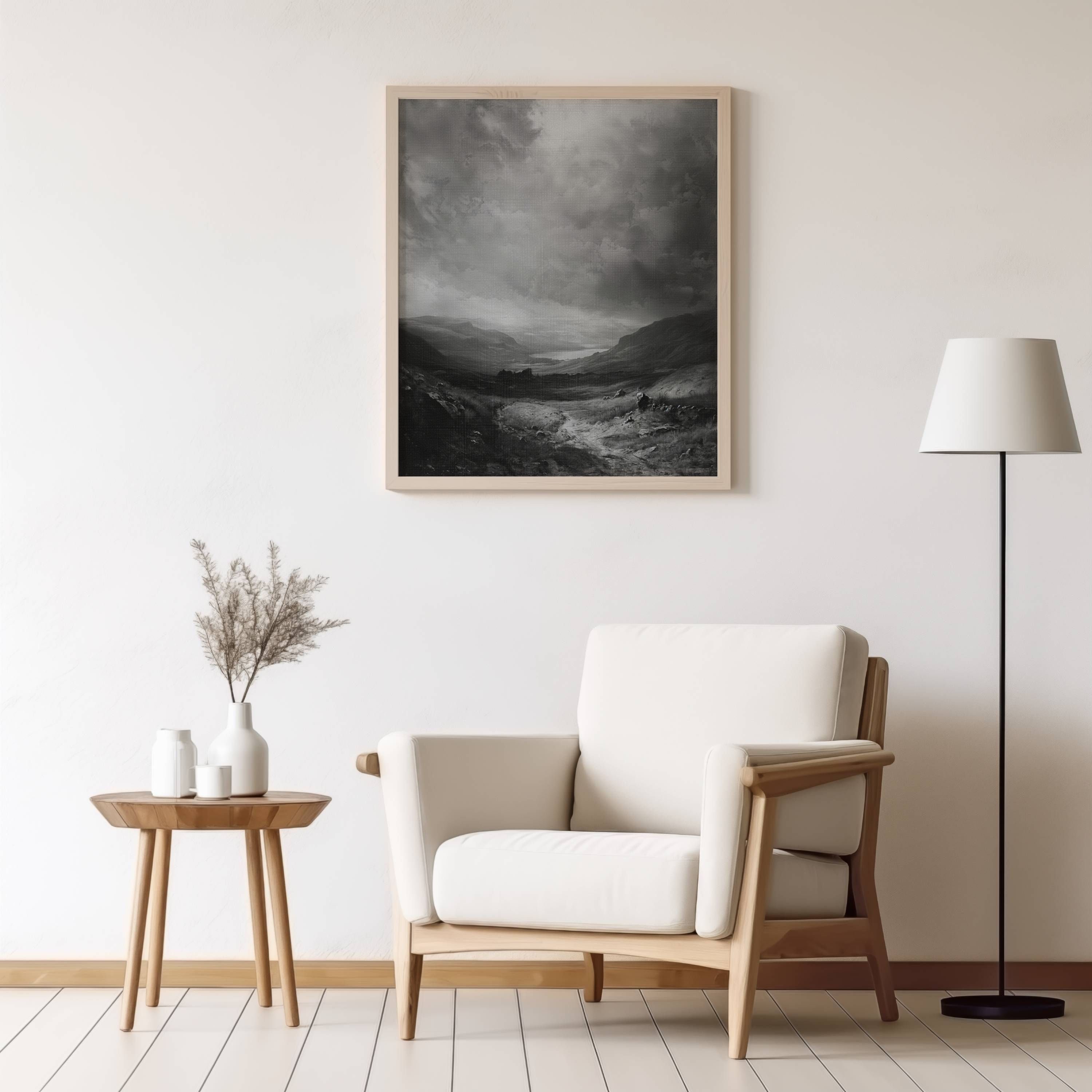 Black and White Landscape Painting, Vintage Landscape Art, Grayscale ...