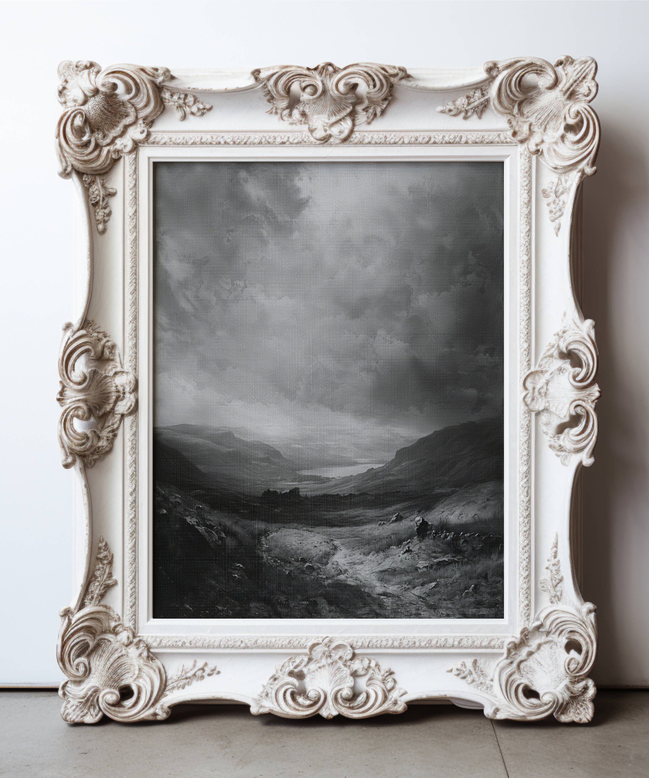 Black and White Landscape Painting, Vintage Landscape Art, Grayscale ...