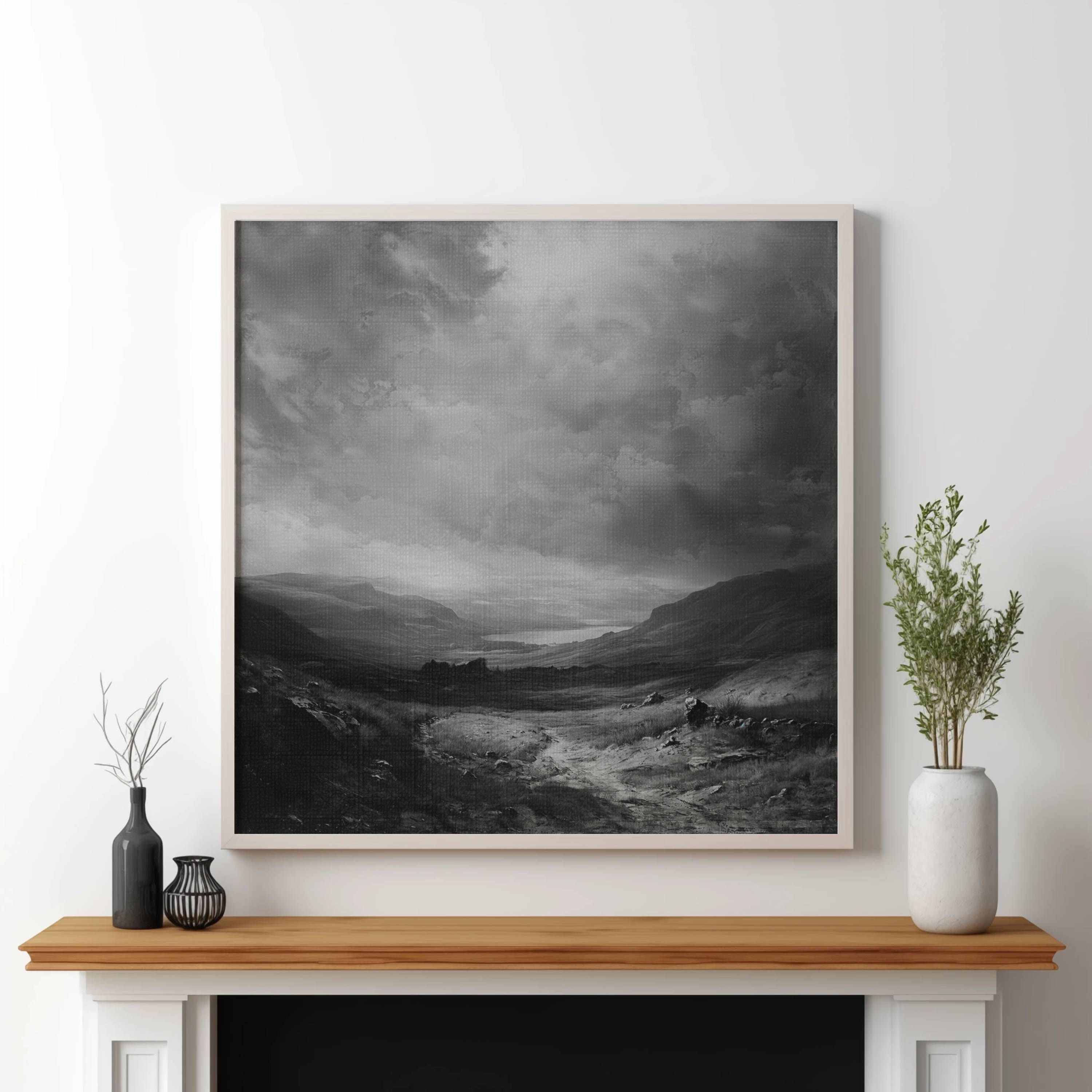 Black and White Landscape Painting, Vintage Landscape Art, Grayscale ...