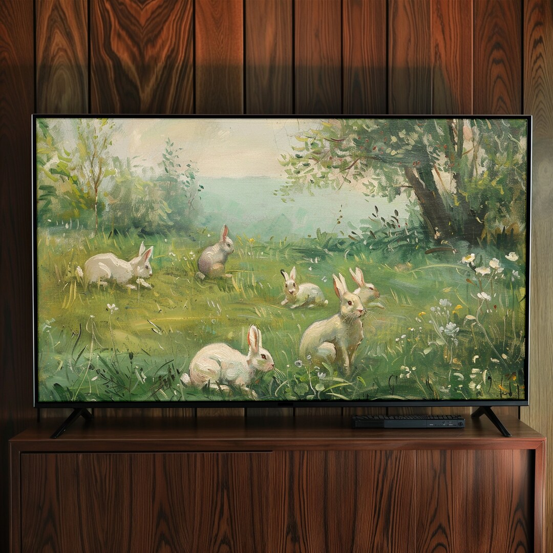 Bunnies in Floral Meadow TV Frame Art, Bunny Rabbit Decor, Easter Decor ...