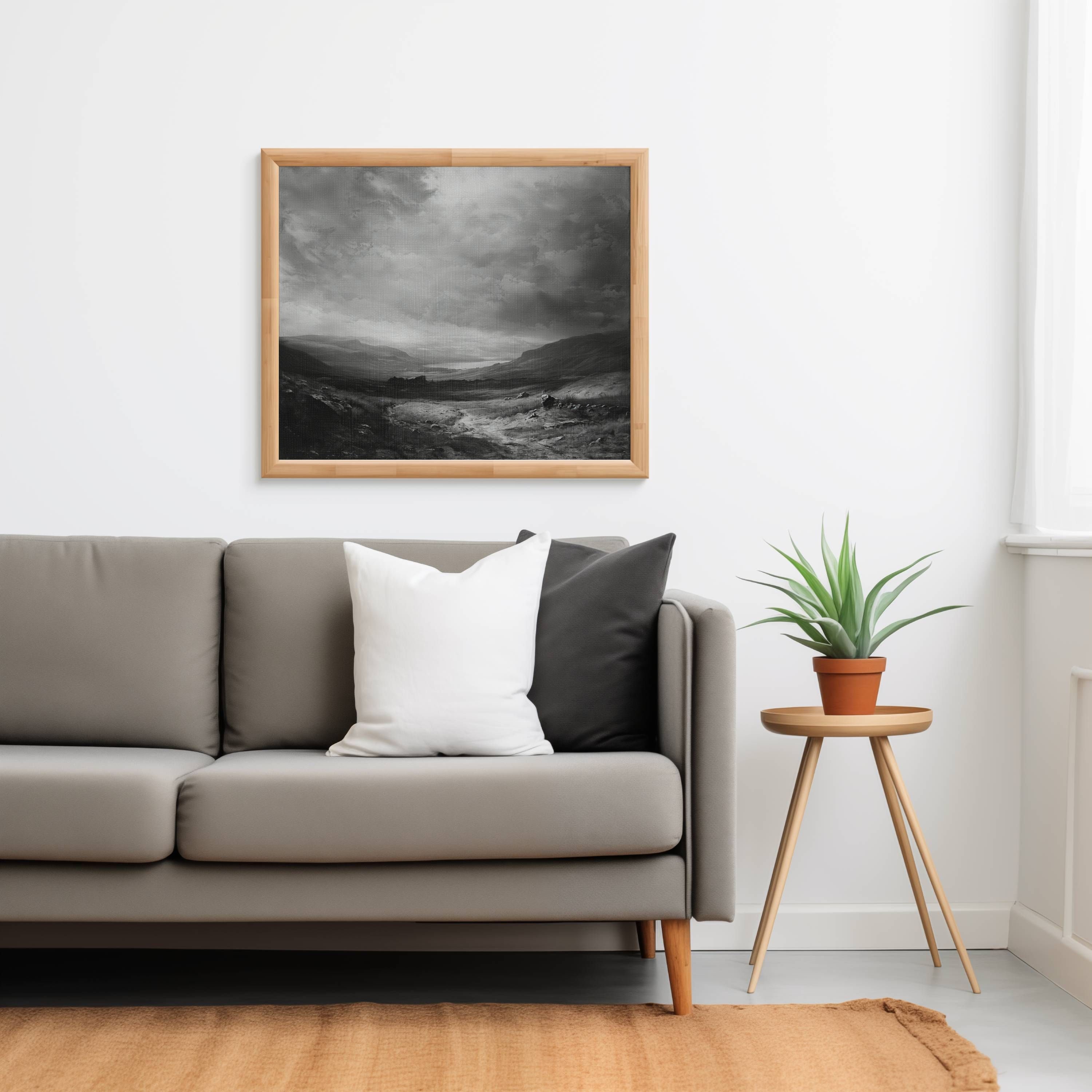 Black and White Landscape Painting, Vintage Landscape Art, Grayscale ...