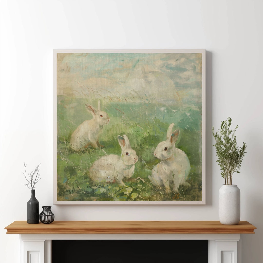 Vintage Easter Oil Painting, White Rabbits in Meadow Print, Easter ...