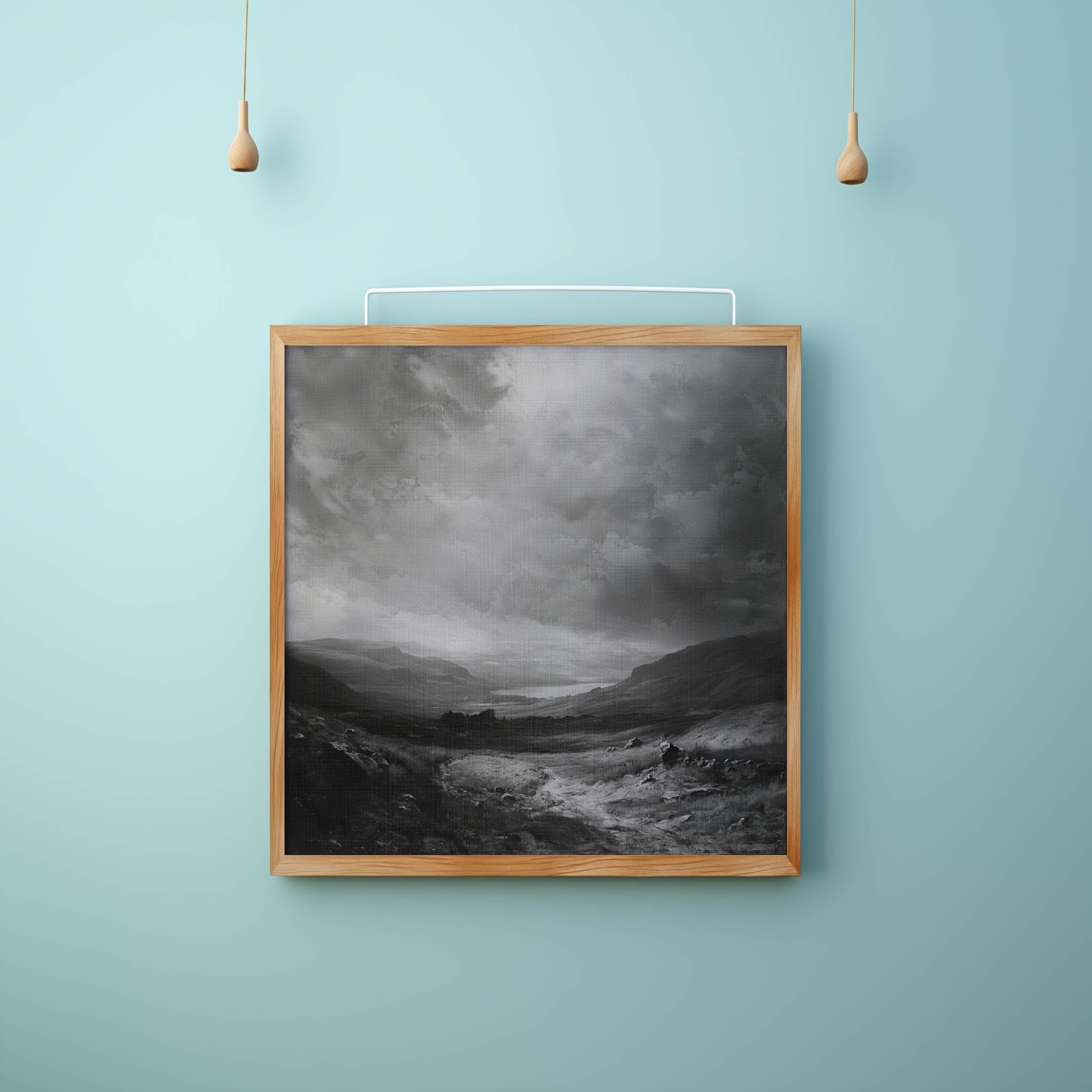 Black and White Landscape Painting, Vintage Landscape Art, Grayscale ...