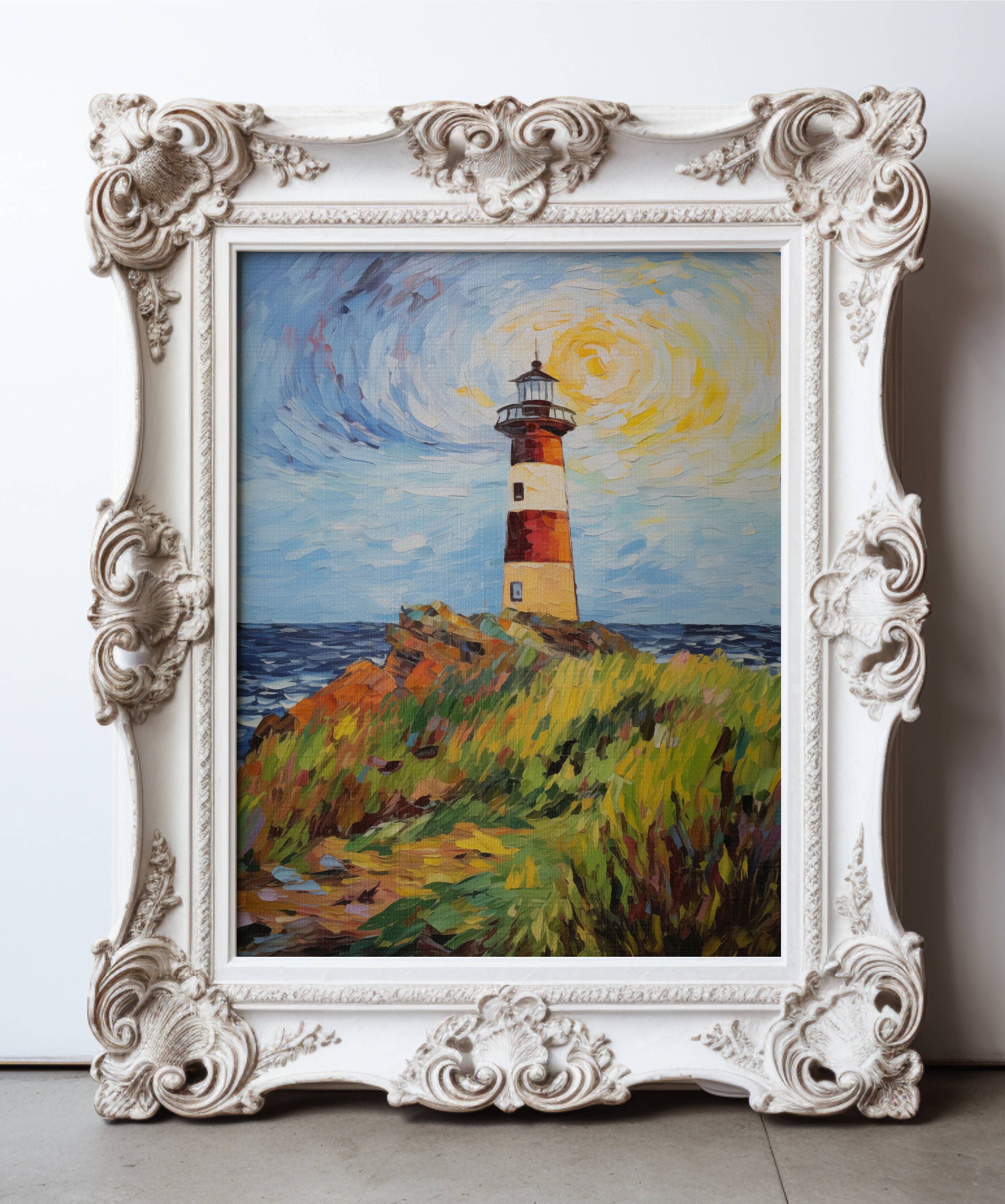 Van Gogh Inspired Lighthouse Painting, Starry Night Style Lighthouse ...