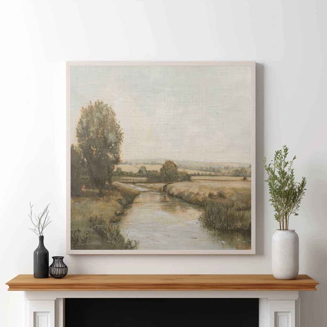 Vintage Muted Landscape Painting, Rustic Nature Painting, Farmhouse ...