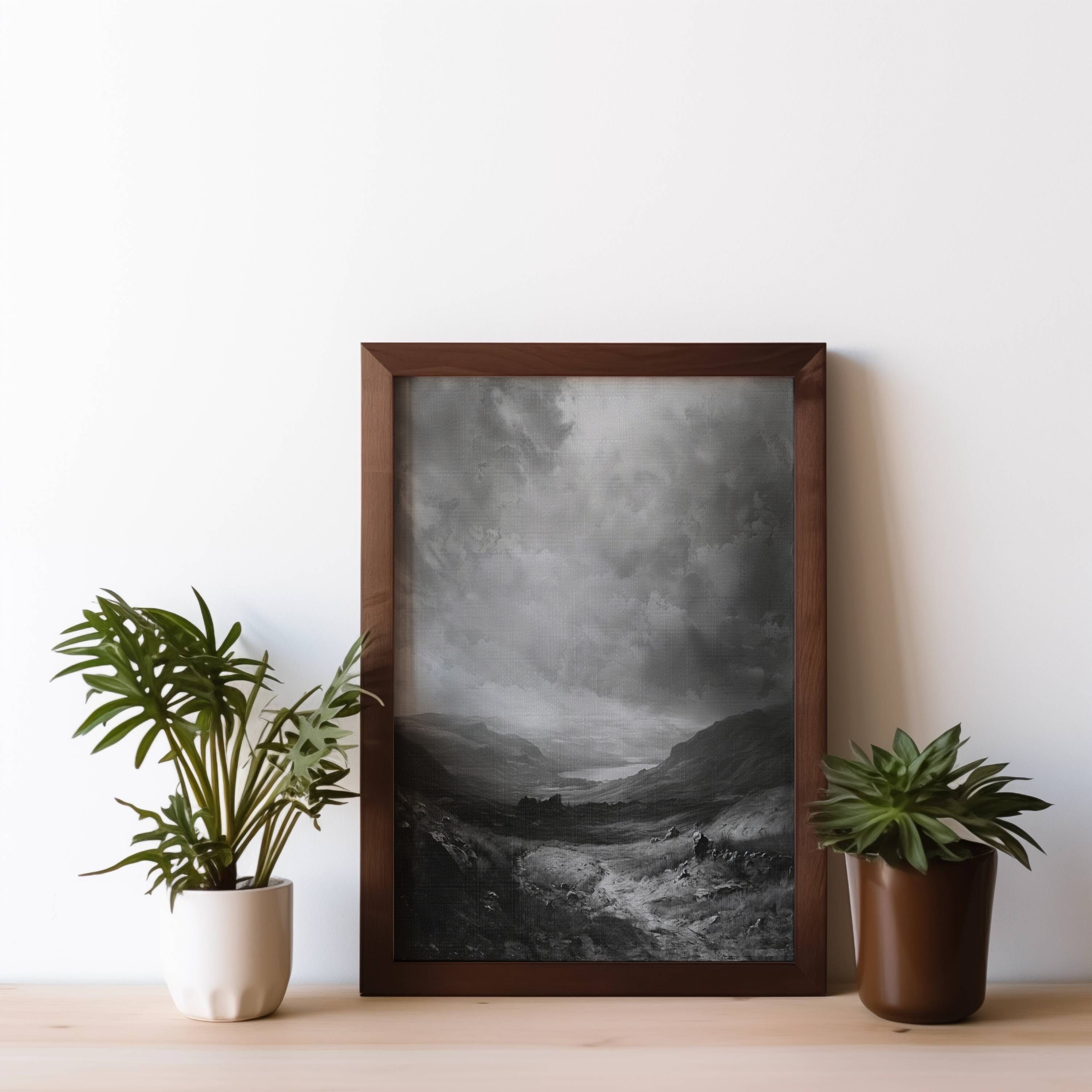 Black and White Landscape Painting, Vintage Landscape Art, Grayscale ...