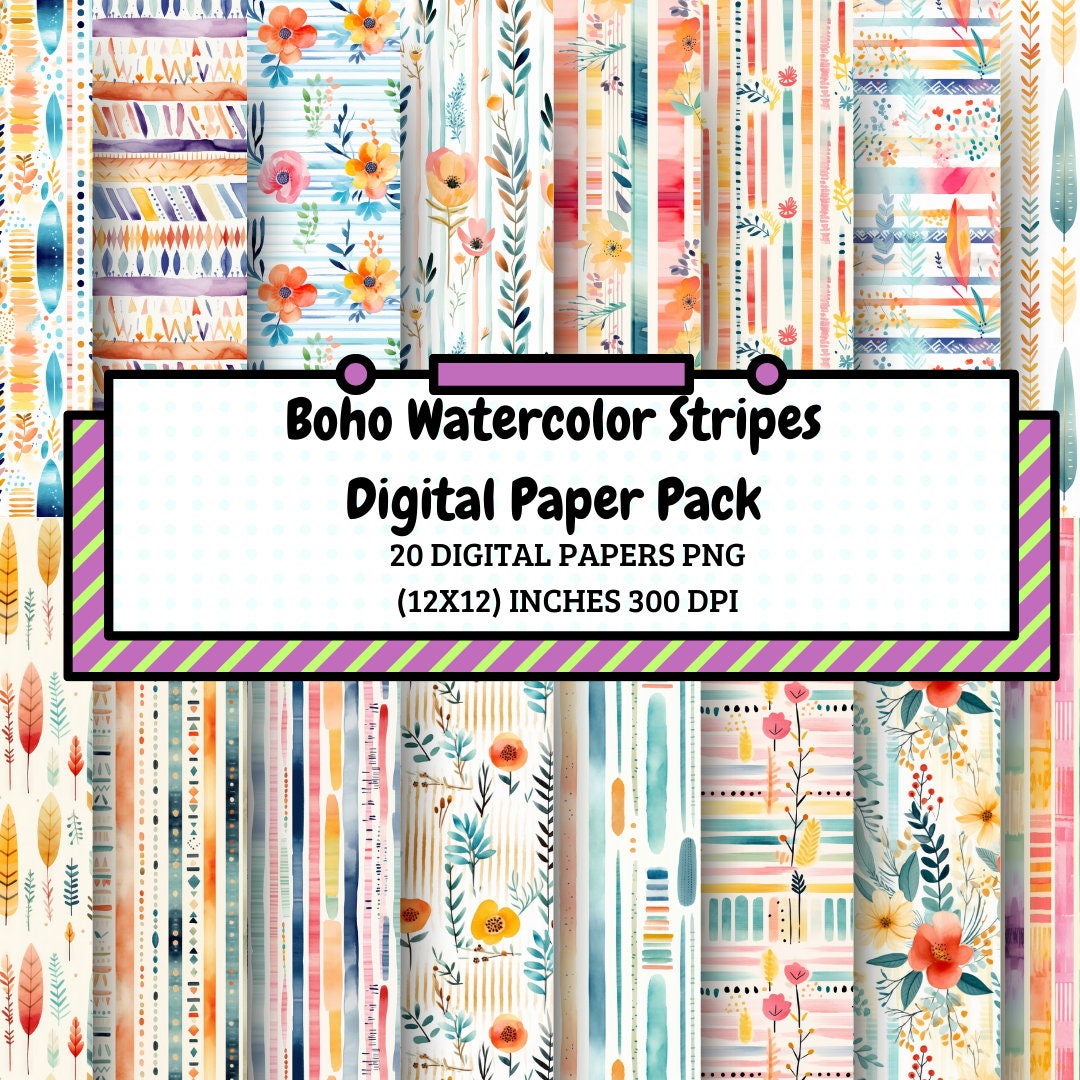 Boho Watercolor Stripes Digital Paper Pack - Artistic, Chic Bohemian ...