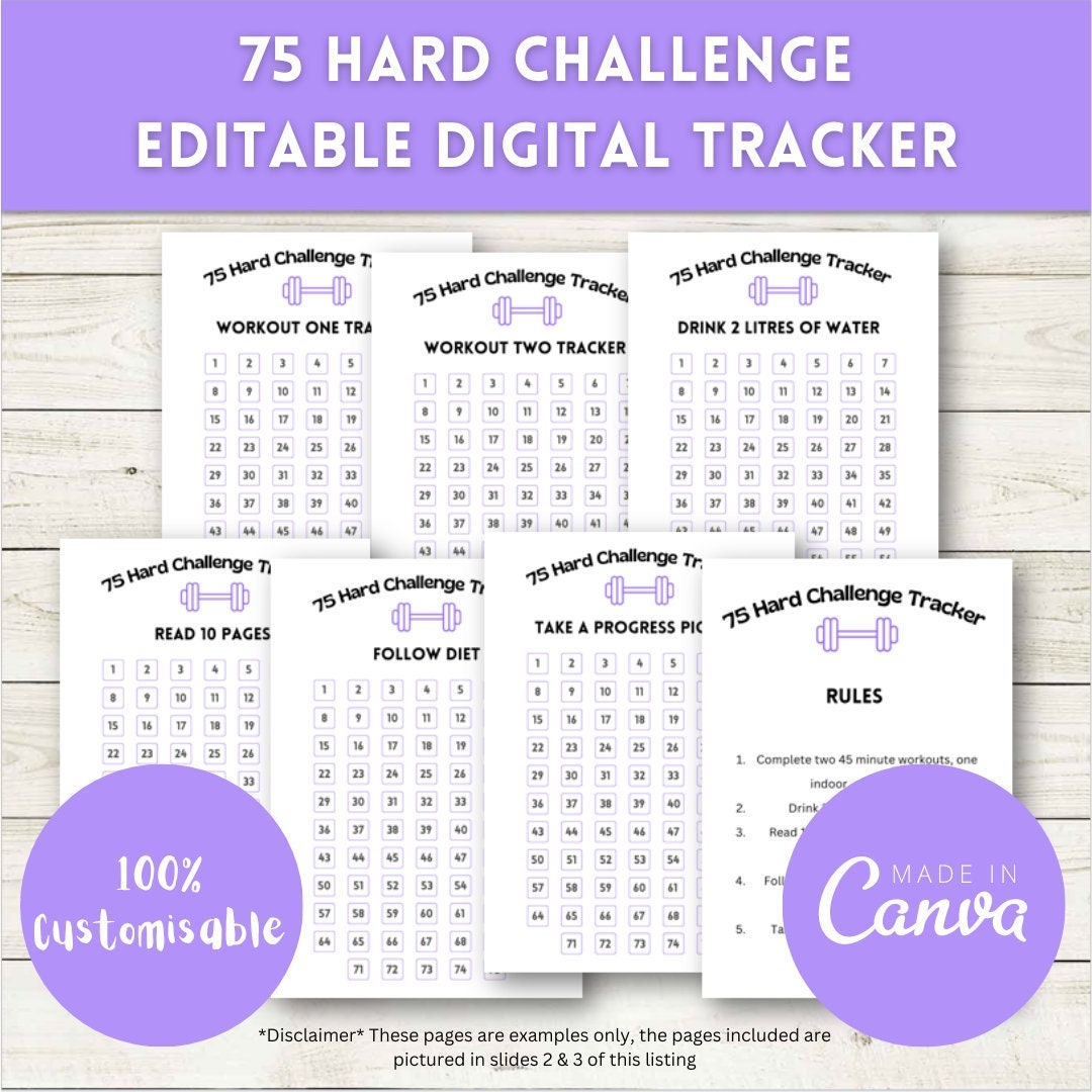 75 Hard Challenge Editable Digital Tracker, A3, A4, A5, Canva Template ...