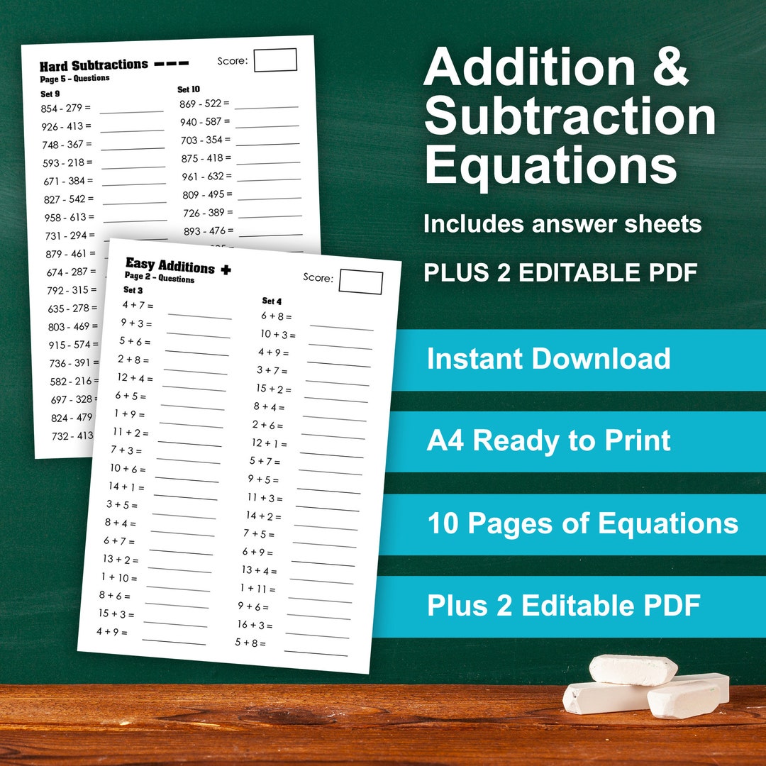 DIGITAL A4 Math Equations With Answer Sheets Addition & Subtractions ...