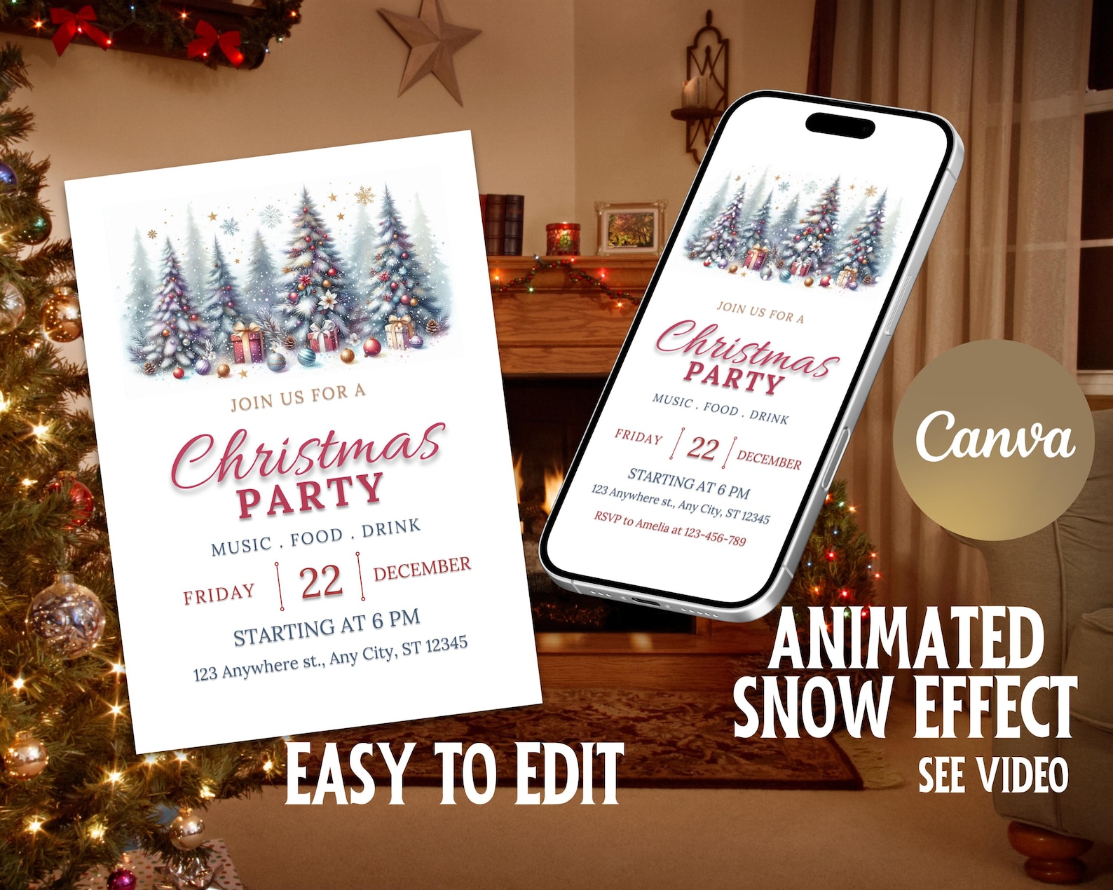 Editable Christmas Party Invite Holiday Dinner Party Invite Snowy ...