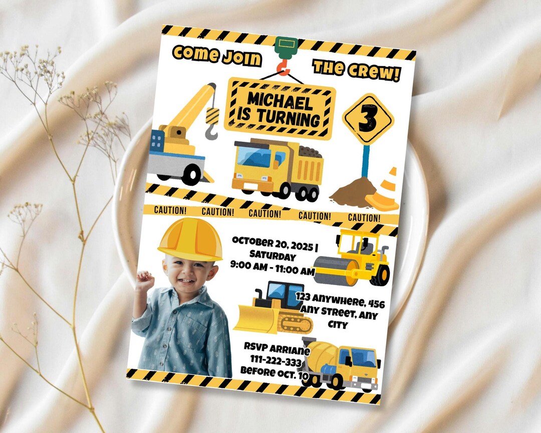 Construction Birthday Invitation Photo Template, Editable Construction ...