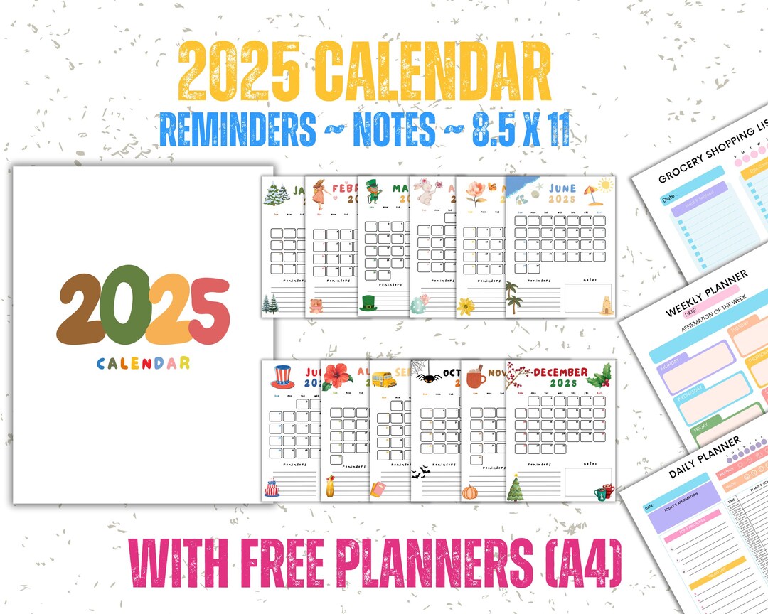 Printable Cute Calendar 2025, Kids Calendar With Reminders and Notes ...