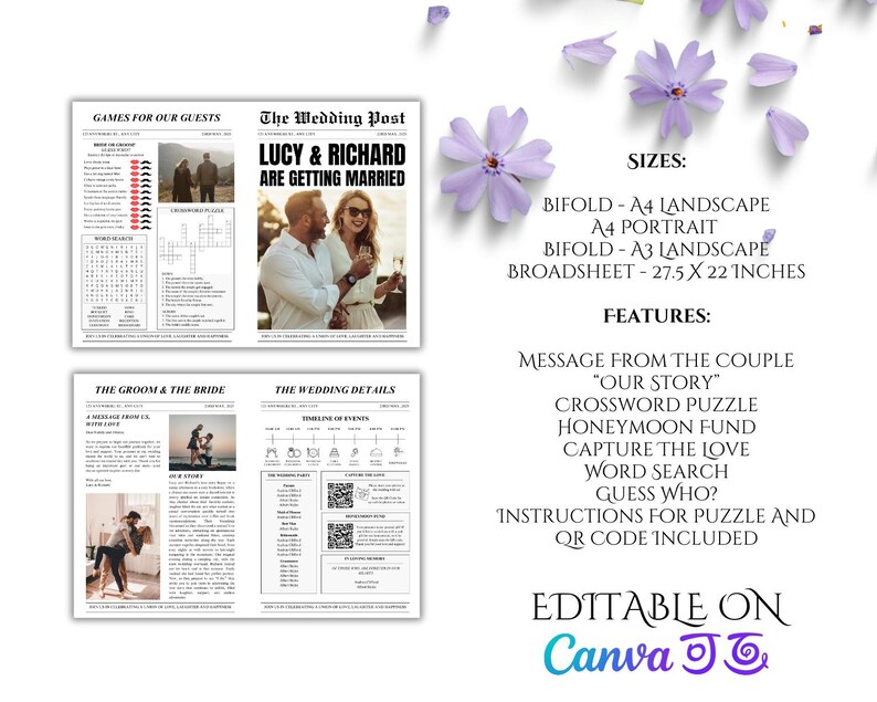 Editable Folded Printable Wedding Newspaper Program Canva Template ...