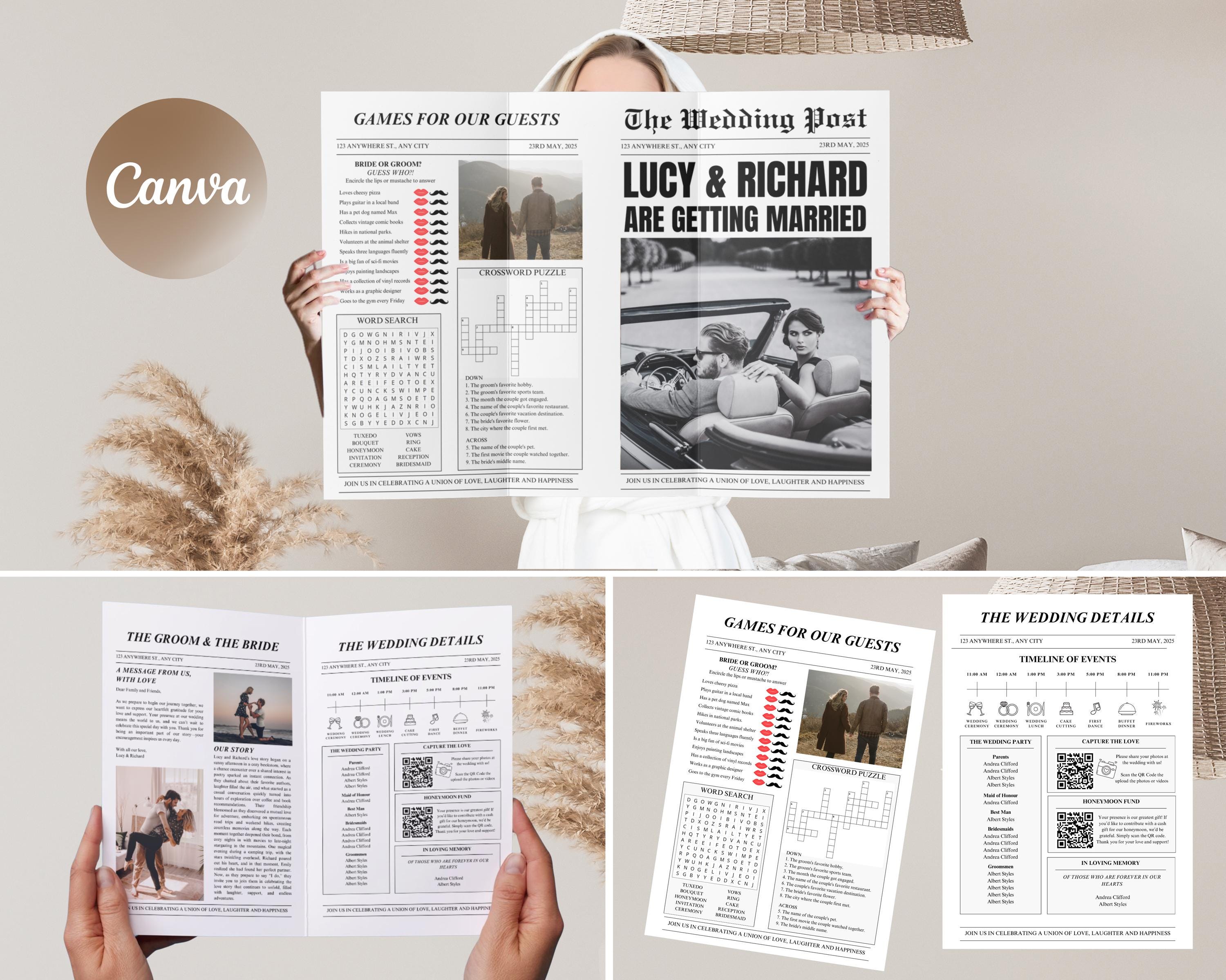 Editable Folded Printable Wedding Newspaper Program Canva Template ...