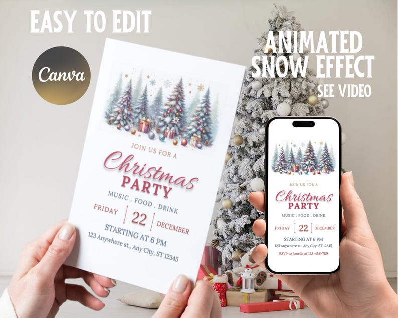 Editable Christmas Party Invite Holiday Dinner Party Invite Snowy ...