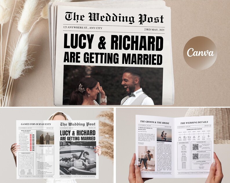 Editable Folded Printable Wedding Newspaper Program Canva Template ...