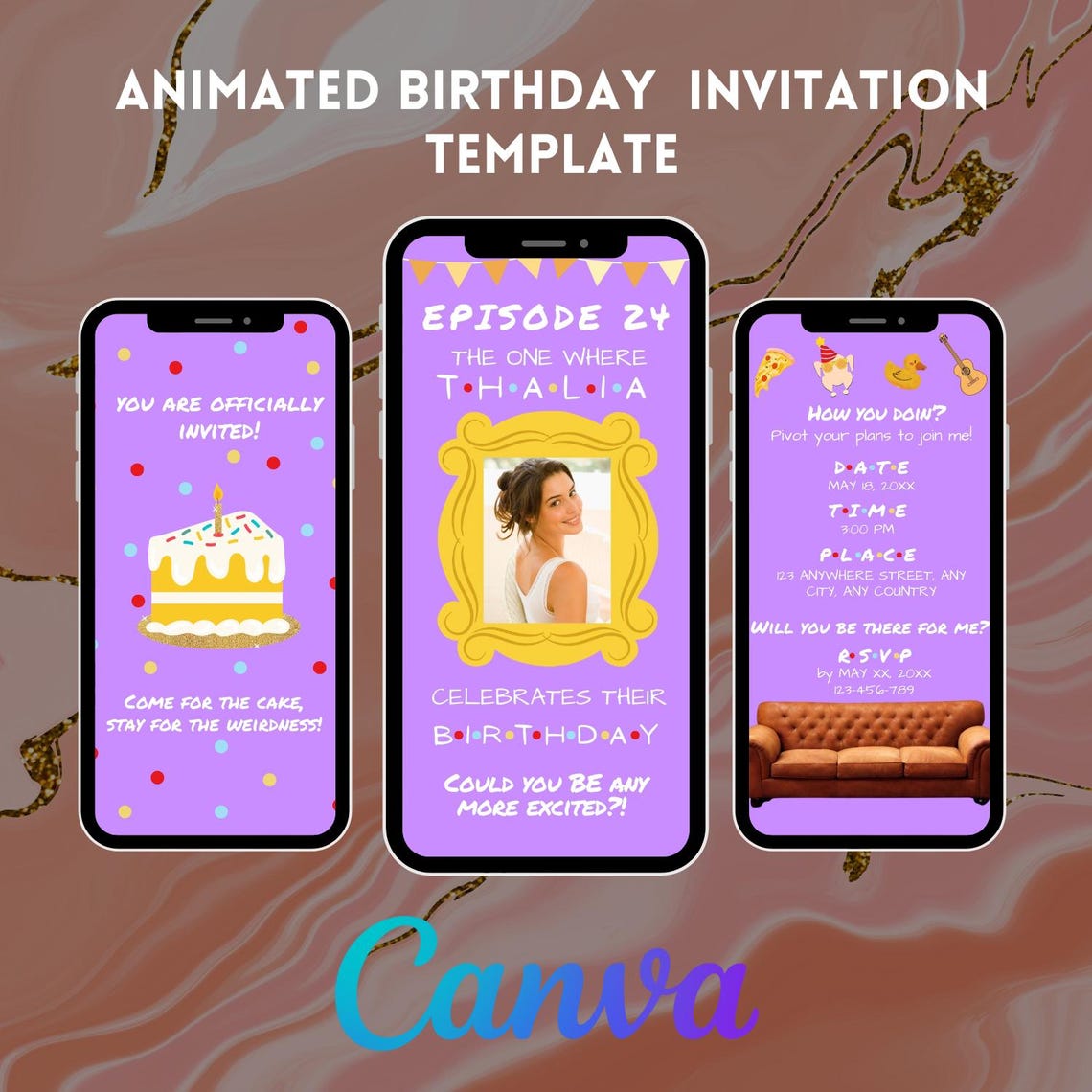 Video Birthday Invitation Animated Friends Yellow Frame Birthday ...