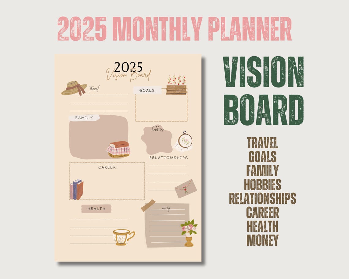 2025 Hyperlinked Monthly Planner With Vision Board and Calendar, Self ...
