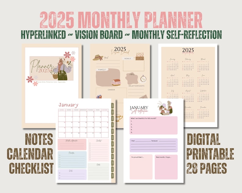 2025 Hyperlinked Monthly Planner With Vision Board and Calendar, Self-reflection Journal With ...