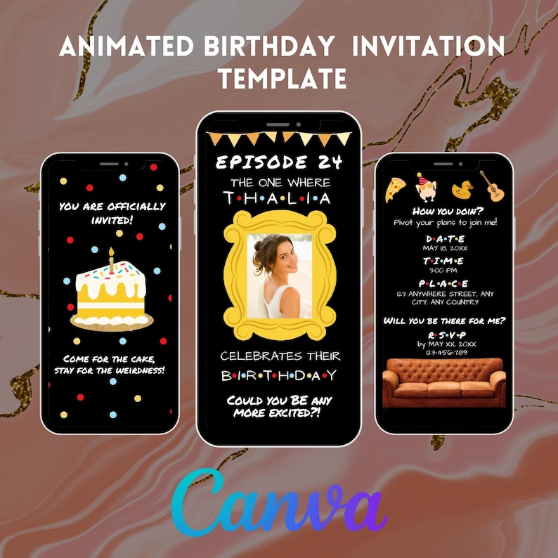Video Birthday Invitation Animated Friends Yellow Frame Birthday ...