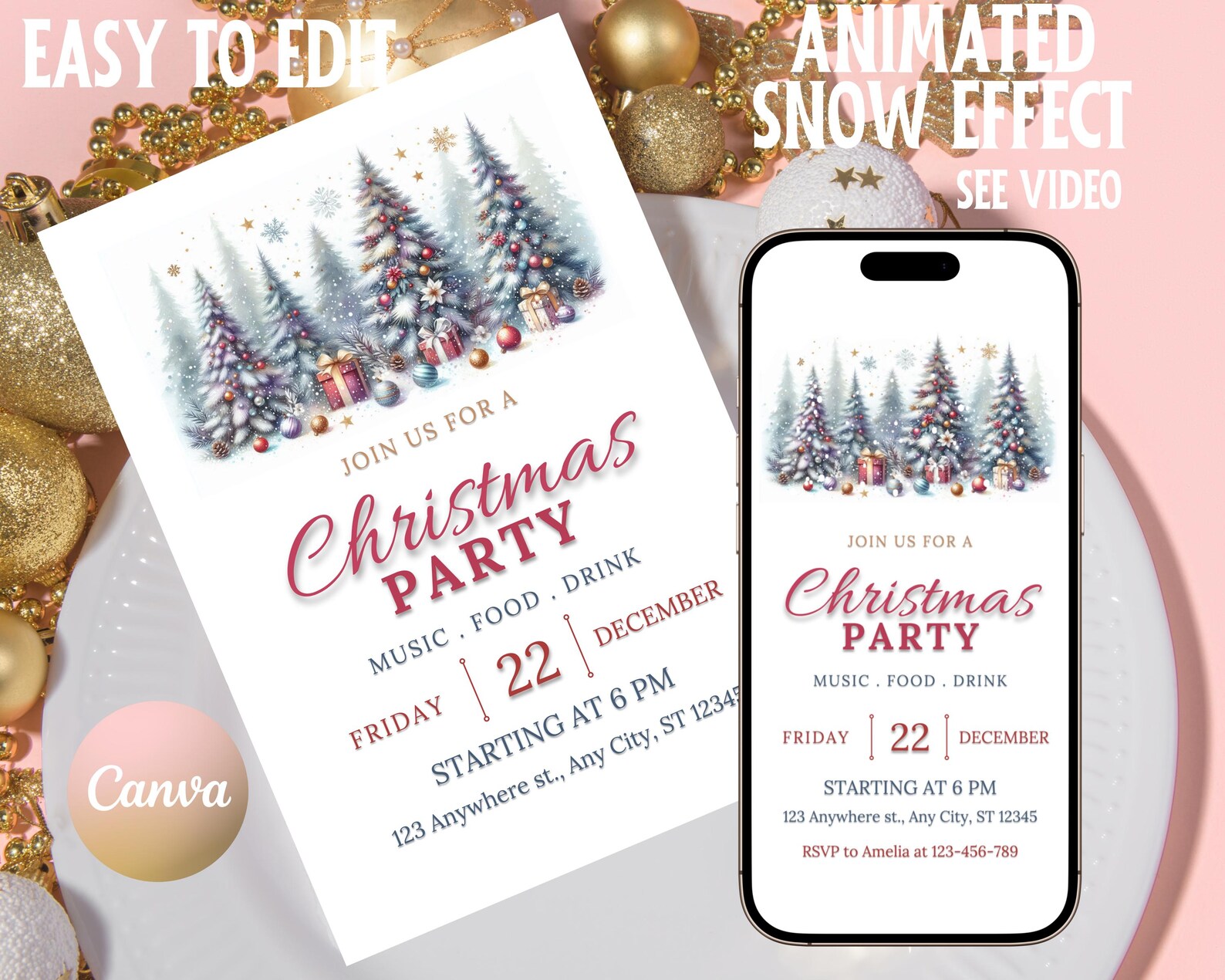 Editable Christmas Party Invite Holiday Dinner Party Invite Snowy ...