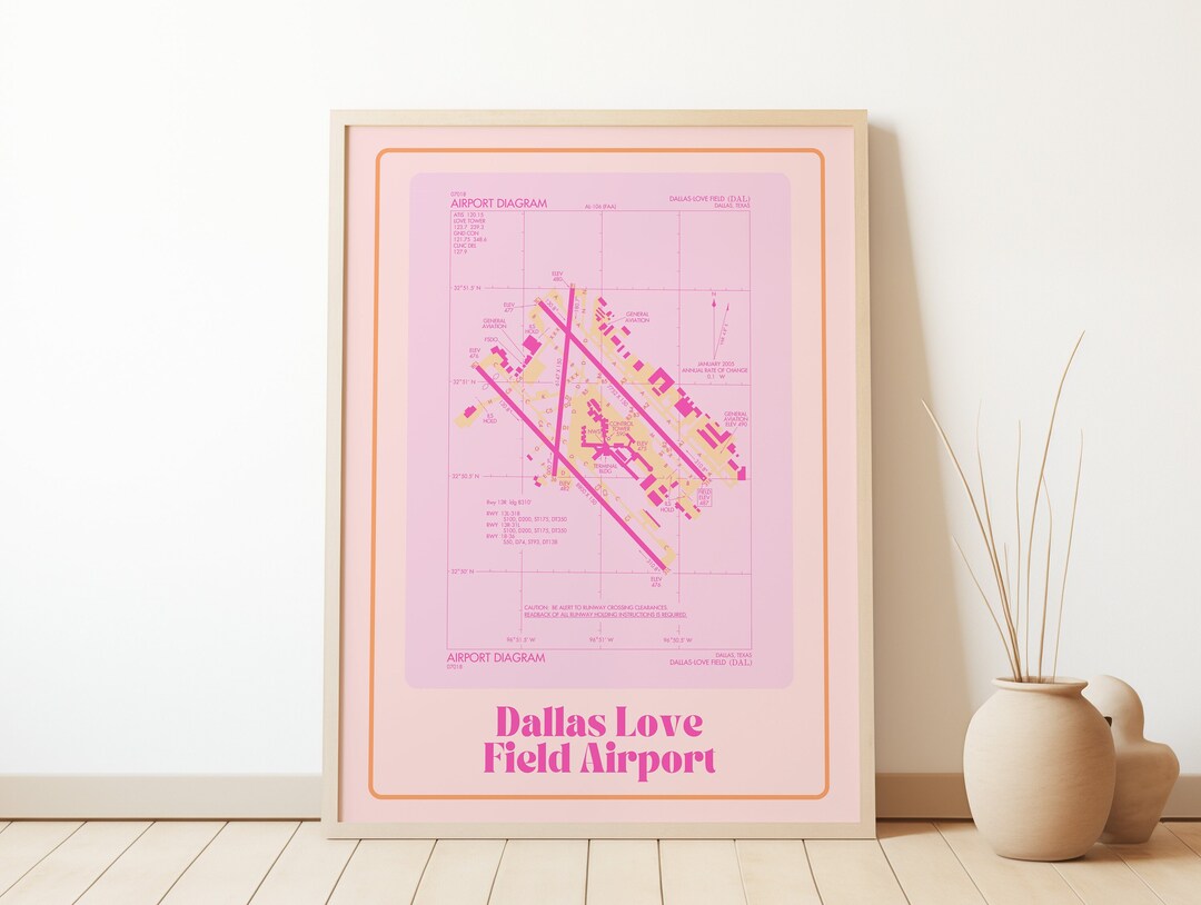 Dallas Love Field | Colorful Retro Airport Map Poster | DAL | Pink and ...